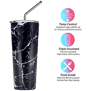 THILY Stainless Steel Vacuum Insulated Tumbler Travel Mug 26 oz Coffee Cup with 2 Lids and Straws, Splash Proof, Keep Ice Drinks Cold, Black Marble