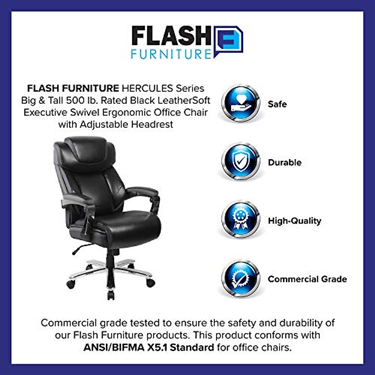 Flash Furniture HERCULES Series Big & Tall 500 lb. Rated Black LeatherSoft Executive Swivel Ergonomic Office Chair with Adjustable Headrest
