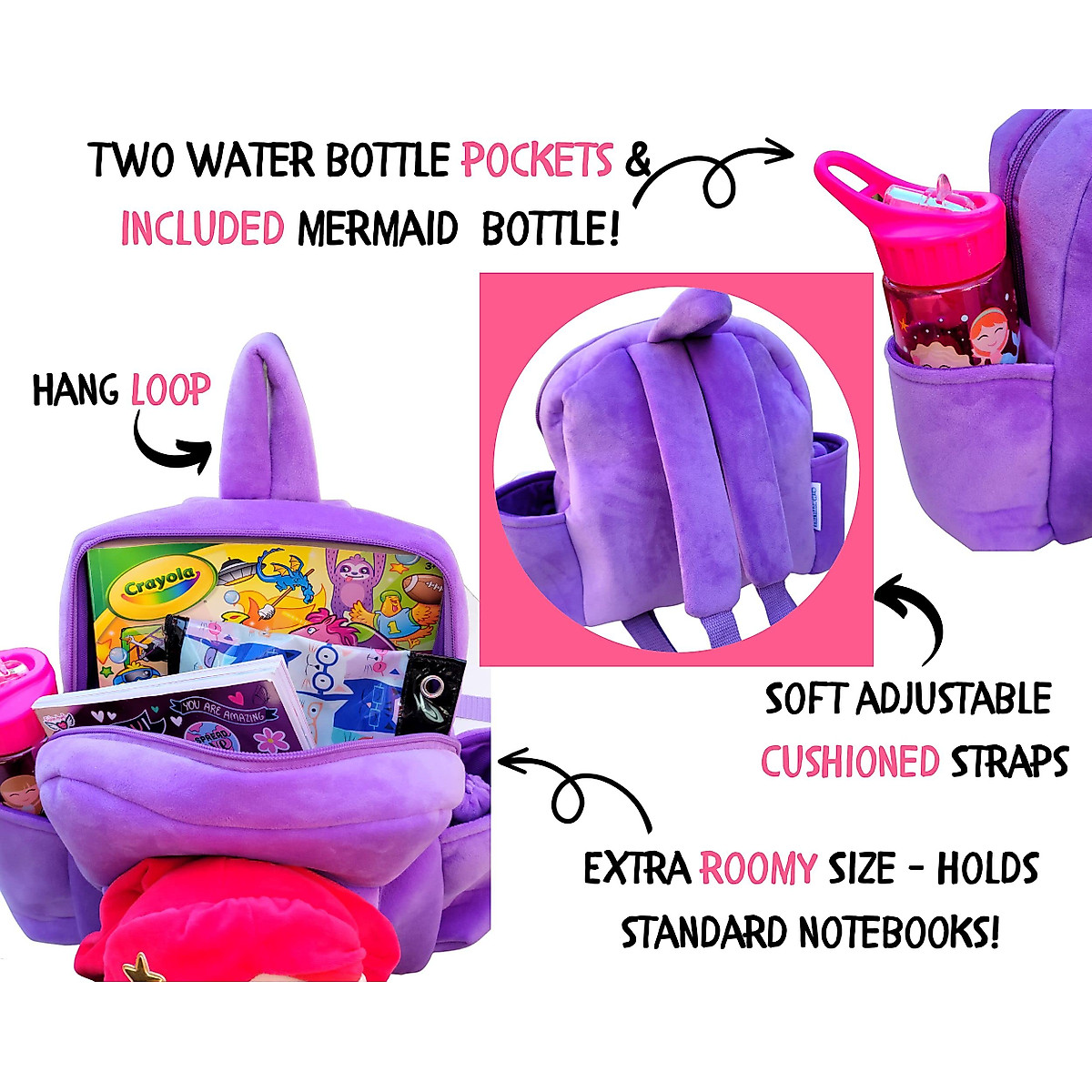 Q&M Novelties Mermaid Backpack & Bottle -11.5” Roomy Preschool Kids Backpack, Toddler Mermaid Toys, Stuffed Plush Mermaid Doll Toy, Mermaid Gifts for Girls Age 3, 4, 5, 6 (Mermaid Plush - Purple)