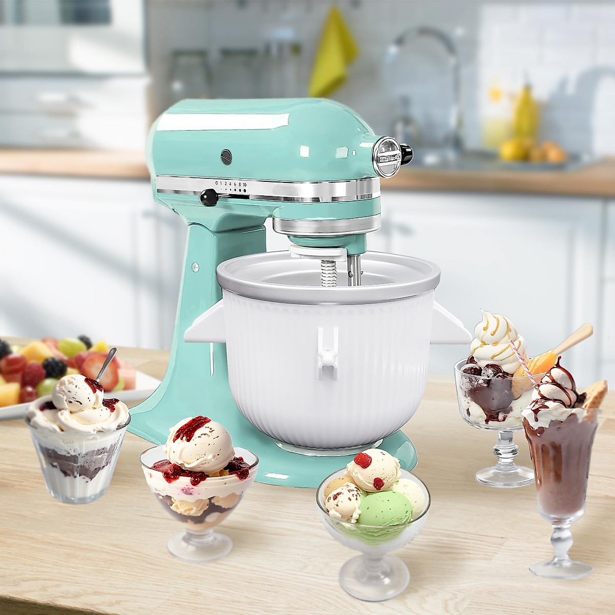 Ice Cream Maker Attachment for KitchenAid Stand Mixer,2 Quart Ice Cream Bowl Compatible with 4.5Qt and Larger Stand Mixers,Frozen Yogurt Ice Cream & Sorbet Gelato Maker with 2 Models by Aligat