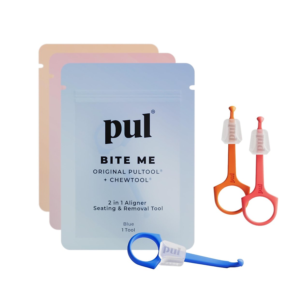 PUL 2-in-1 Aligner Seating Chewie & Removal Tool — Compatible with Invisalign, Removable Braces, Retainers & Trays – Easy-to-Use Remover & Chew, Dental & Oral Care – Pink, Orange, Blue (Pack of 3)