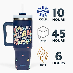 Love in Faith | Stainless Steel Faith-Based 40oz Tumbler with Handle | Vacuum Insulated | Christian Gifts (He Has a Plan Floral)
