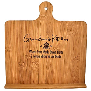 Grandma Recipe Cookbook Holder Stand Gift - Custom Engraved Bamboo Cutting Board Foldable Chef Easel Metal Hinges Kickstand iPad Tablet Compatible Christmas Birthday Kitchen Decor Design (10.25x10.25)