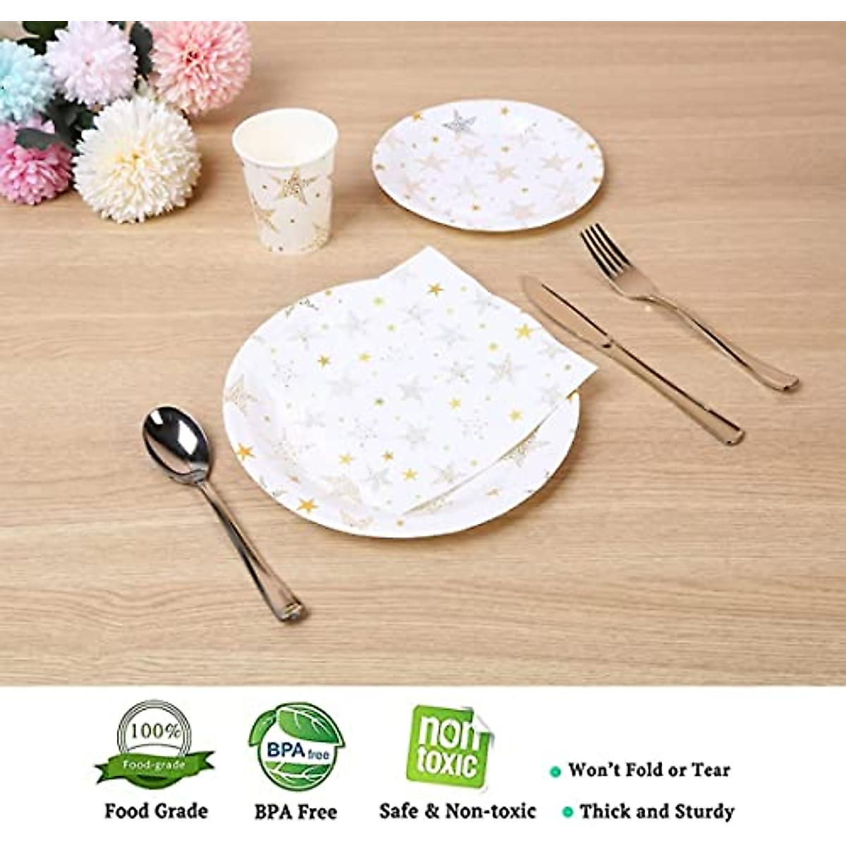 CONRADY 200 PCS Gold Star Disposable Party Dinnerware Set,25pcs Paper Plates, Dessert Plates, Paper Cups,Plastic Cutlery Set(Knives,Forks,Spoons) and 50pcs Napkins for Party Serves 25(Gold)
