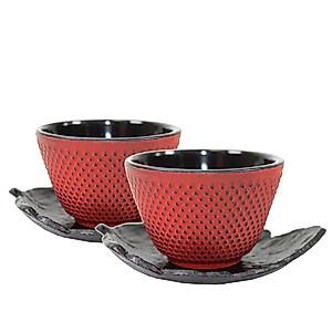 2 Sado Black Leaf Teacup Saucer+2 Red Polka Dot Hobnail Japanese Cast Iron Tea Cup Teacup