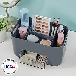 STORi Bliss 4-Compartment Plastic Vanity Organizer with Small Accessory Drawer in Grey | Rectangular Makeup, Skincare, & Cosmetic Storage Bin with Pass-Through Handles | Made in USA