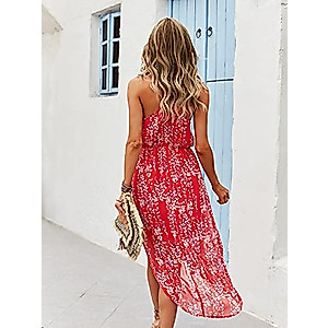 ECOWISH Womens Casual Halter Dress High Low Sleeveless Floral Long Maxi Chiffon Sundress 169 Red Medium