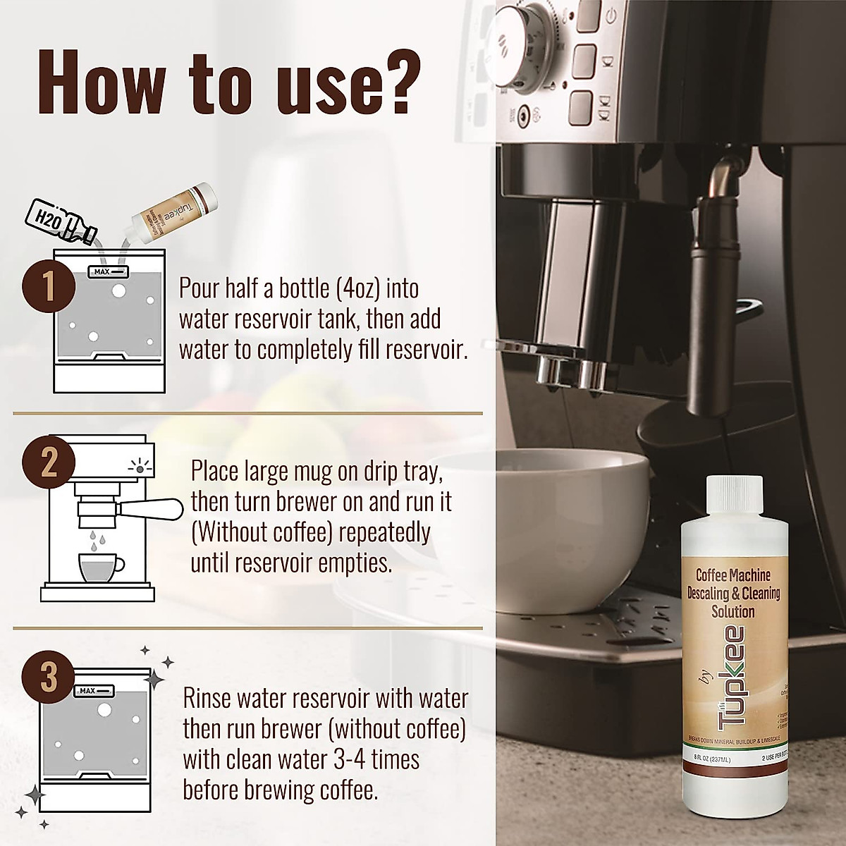 Coffee Machine Descaling Solution - Made in the USA - 2 Uses Per Bottle - Universal Cleaning Descaler for Keurig Coffee Machines, Nespresso, Breville, Delonghi All Single Use Coffee Maker - Pack of 2
