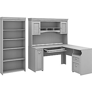 Bush Business Furniture Fairview L Shaped Desk with Hutch and 5 Shelf Bookcase, 60W, Cape Cod Gray