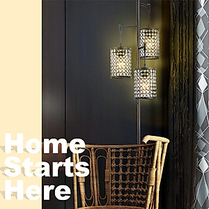 EE Eleven Master 3-Light Industrial Floor Lamp for Farmhouse, Elegant Crystal Tall Standing Light with On/Off Switch, Sturdy Base Tree Black Pole Light Great for Living Room Bedroom Office Home