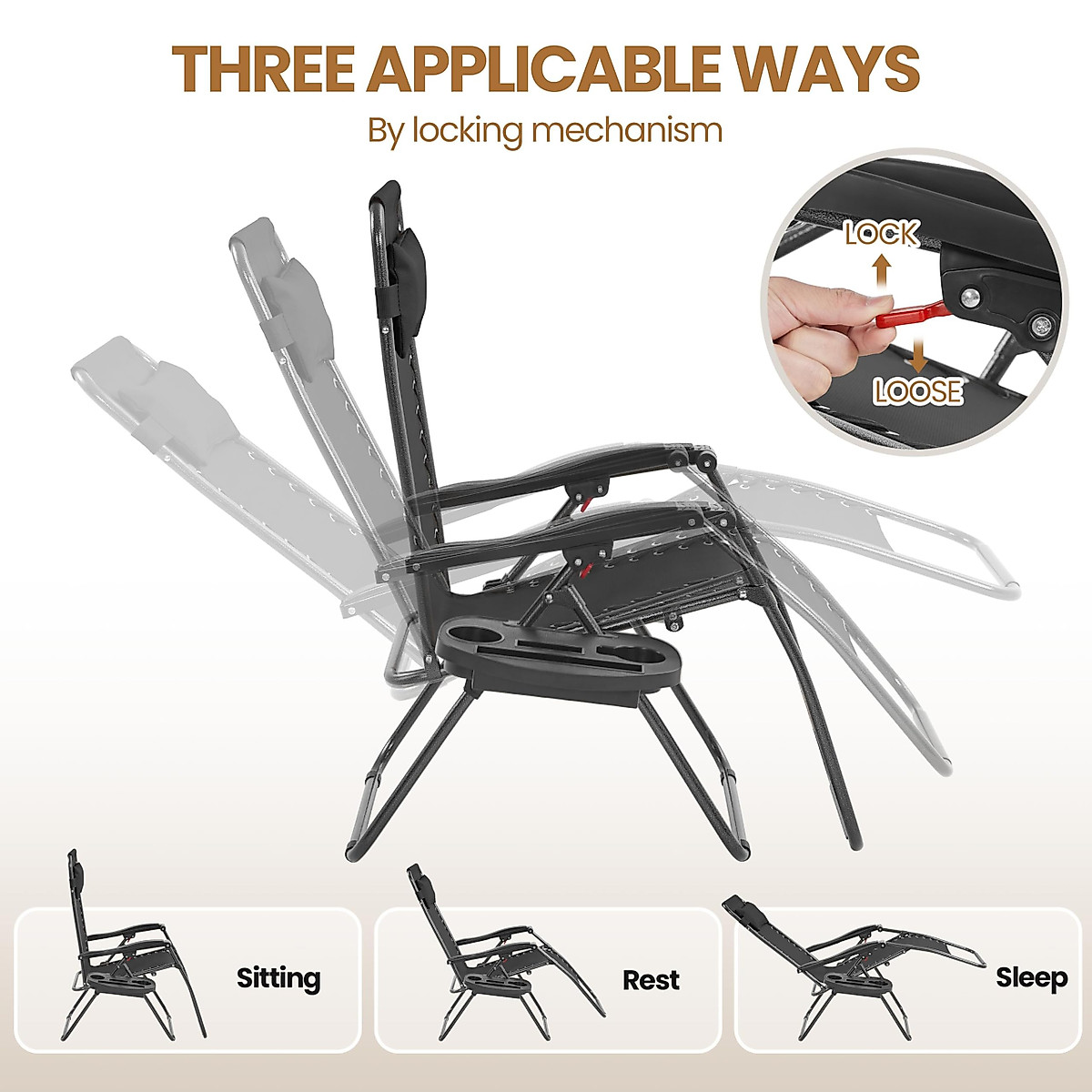 Yaheetech Zero Gravity Recliners Outdoor Adjustable Folding Reclining Lounge Chairs w/Pillows, Cup Holder Trays and Carry Strap for Patio Backyard Beach Black Set of 4