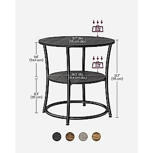 VASAGLE Side Table, Round End Table with 2 Shelves for Living Room, Bedroom, Nightstand with Steel Frame for Small Spaces, Outdoor Accent Coffee Table, Charcoal Gray and Black