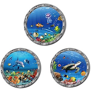 Ocean Animals World Under Sea Decor Includ Sea Turtles Dolphins Fishes 3 Pcs Removable 3D Peel and Stick Vinyl Stickers for Bathroom,Wall Decor,Wall Stickers,Bedroom,Furniture