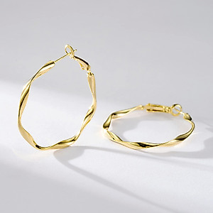 SWEETV 14K Gold Plated Hoop Earrings for Women 40mm Twisted Big Hoops 925 Sterling Silver Post Earrings Sensitive Ears
