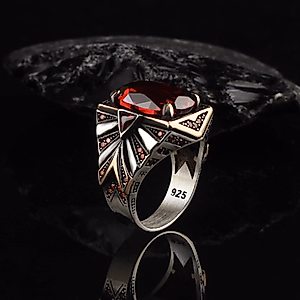 Handmade 925 Sterling Silver Men's Ring with Triangle Garnet Gem Stone, Futuristic Statement Ring gifts for men handmade rings valentines day gifts for him