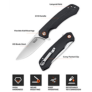 Rush Deer Pocket Knife: Folding Knife with 4" D2 Steel Blade and G10 Handle, EDC Knife with Pocket Clip.Ideal for Camping, Fishing and Survival,Gift for men women