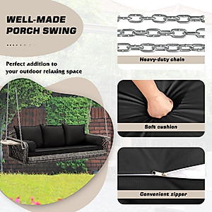 Grepatio 3 Person Porch Swing Patio Wicker Hanging Porch Swing Chair Outdoor Rattan Swing Bench with Cushion and Pillow for Garden, Yard, Lawn (Gray Rattan Black Cushion)