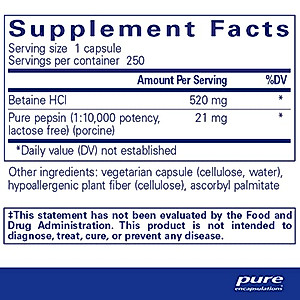 Pure Encapsulations Betaine HCl Pepsin | Digestive Enzyme Supplement for Digestive Aid and Support, Stomach Acid, and Nutrient Absorption* | 250 Capsules