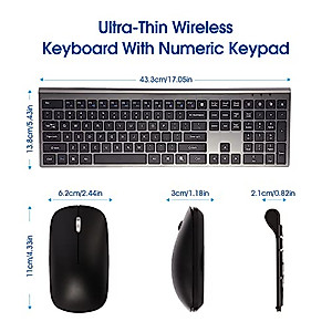 Wireless Keyboard and Mouse, 2.4GHz Cordless Quiet Slim Full Size Keyboard Mouse Combo with USB Receiver, Fn Lock, Ergonomic and Sleek Design, for Windows Computer Desktop PC Laptop -Black Gray