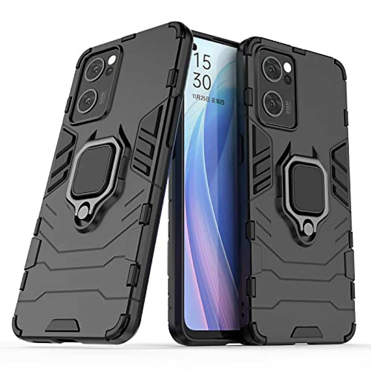 ZMONE Phone Case for Oppo Reno 7 5G Case with Glass Screen Protector [2 Pack] Heavy Duty Dual Layer Military Grade Shockproof Protective Cover with Magnetic Ring Kickstand - Black