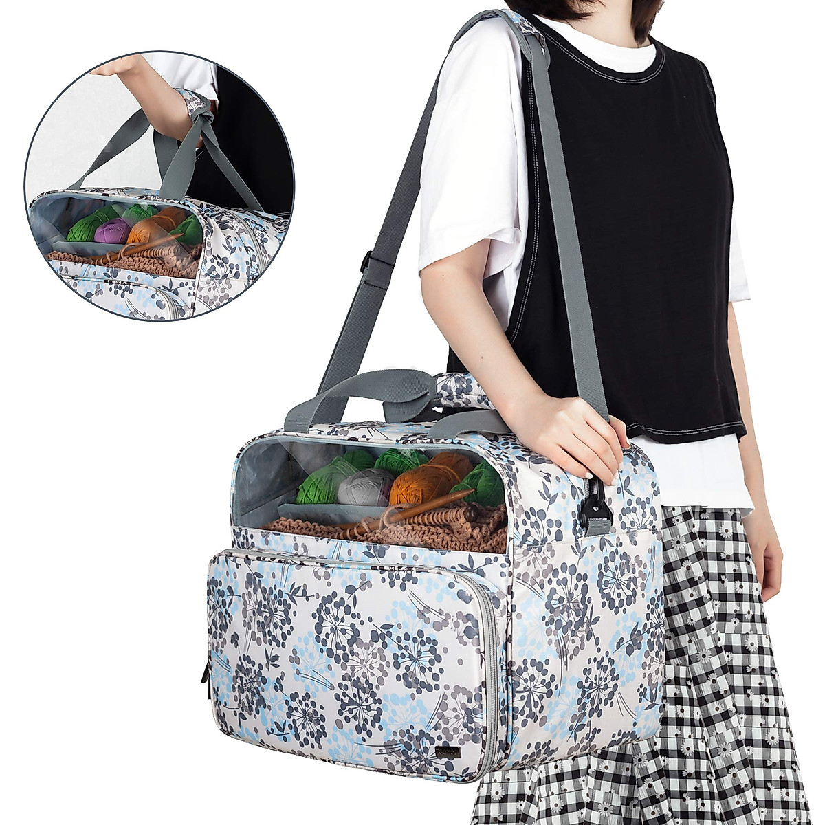 Teamoy Knitting Tote with Inner Dividers for WIP, Yarn Skeins and Knitting Accessories, Yarn Storage Bag with Front Clear Window, Dandelion(Patent Design)