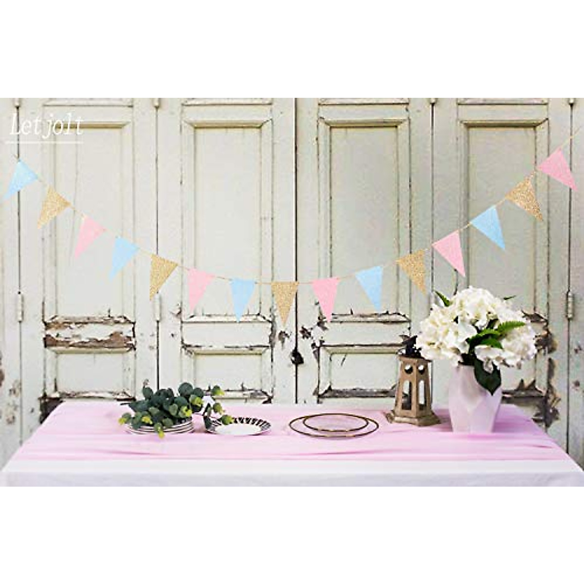 10 Feet Gender Reveal Party Banner Glitter Paper Decoration Anniversary Supplies Garland Pennant Flags for Baby Shower Birthday Party Nursery Graduation Decoration 15pcs (Gold Pink Blue)