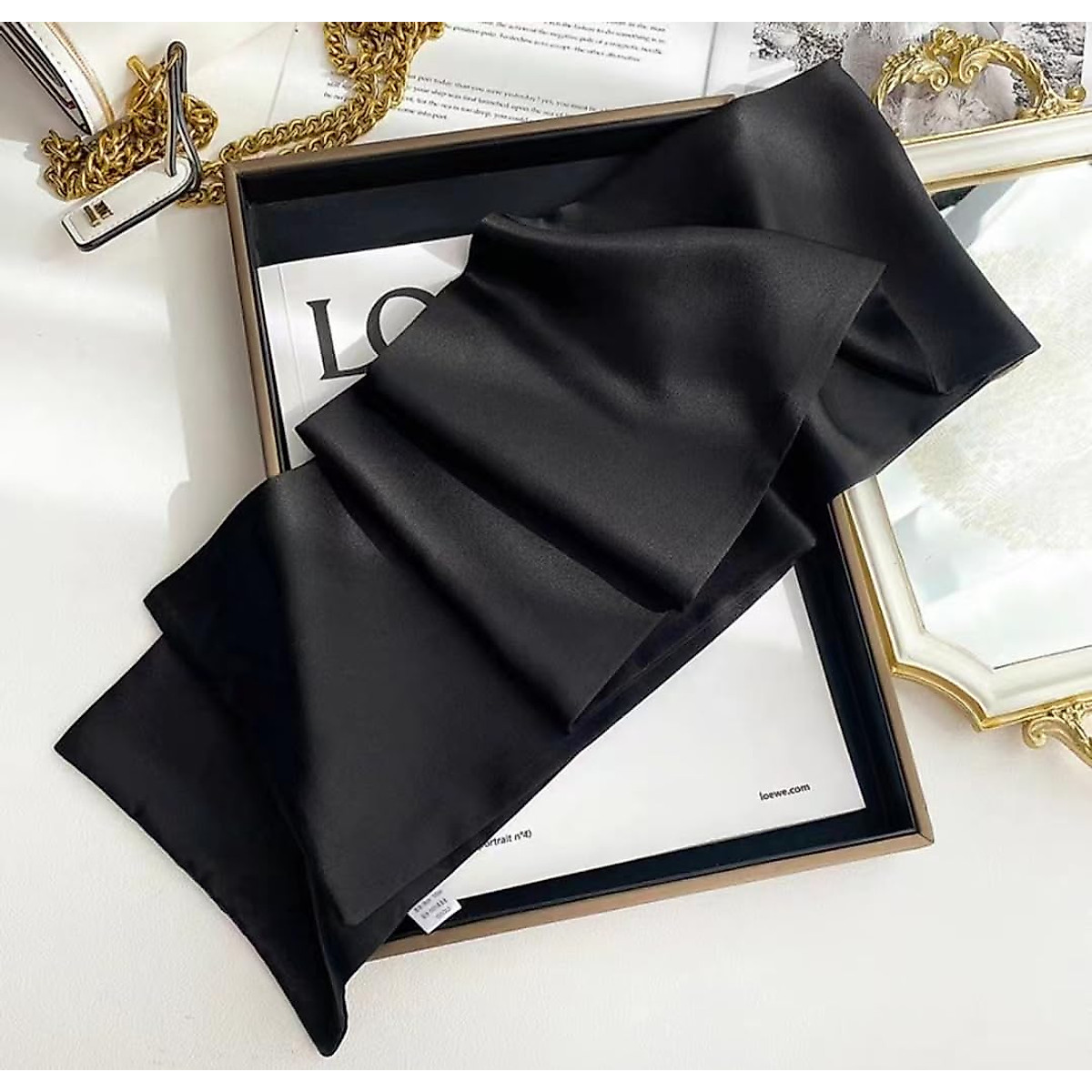 ANDANTINO 100% Silk Scarf for Women 59”*6.3” Long Shawls for Headscarf and Neck- Oblong Hair Wraps with Gift Packed (Solid Color-Black)