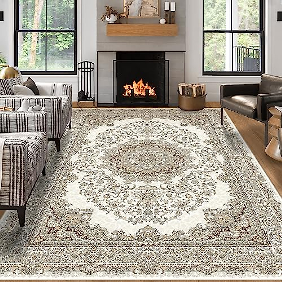 Area Rug Living Room Rugs: 8x10 Washable Oriental Persian Carpet for Bedroom Under Dining Table Large Farmhouse Floral Distressed Indoor Non Slip Decor Home Office Nursery - Beige