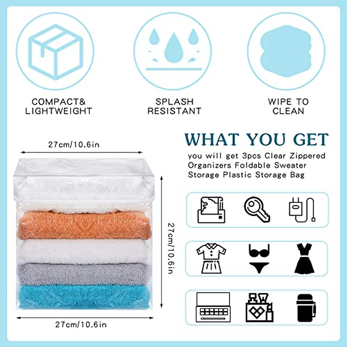 3 Pcs Clear Zippered Organizers Clothes Storage Bags with Handle Plastic Sweater Storage Foldable Toy Storage Bin for Organizing Blankets Underwear Toys Travel Storage (3 Pcs)