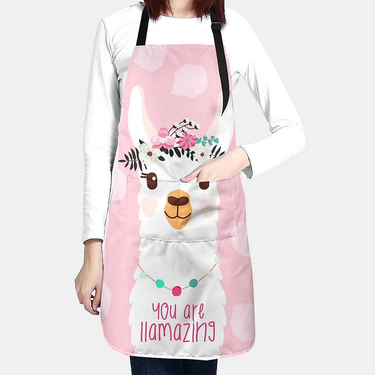 Echoserein Cute Llama Alpaca Apron Adjustable Bib Aprons With 2 Pockets For Men Women Chef Waterproof Decorative For Kitchen Cooking Bbq Grilling
