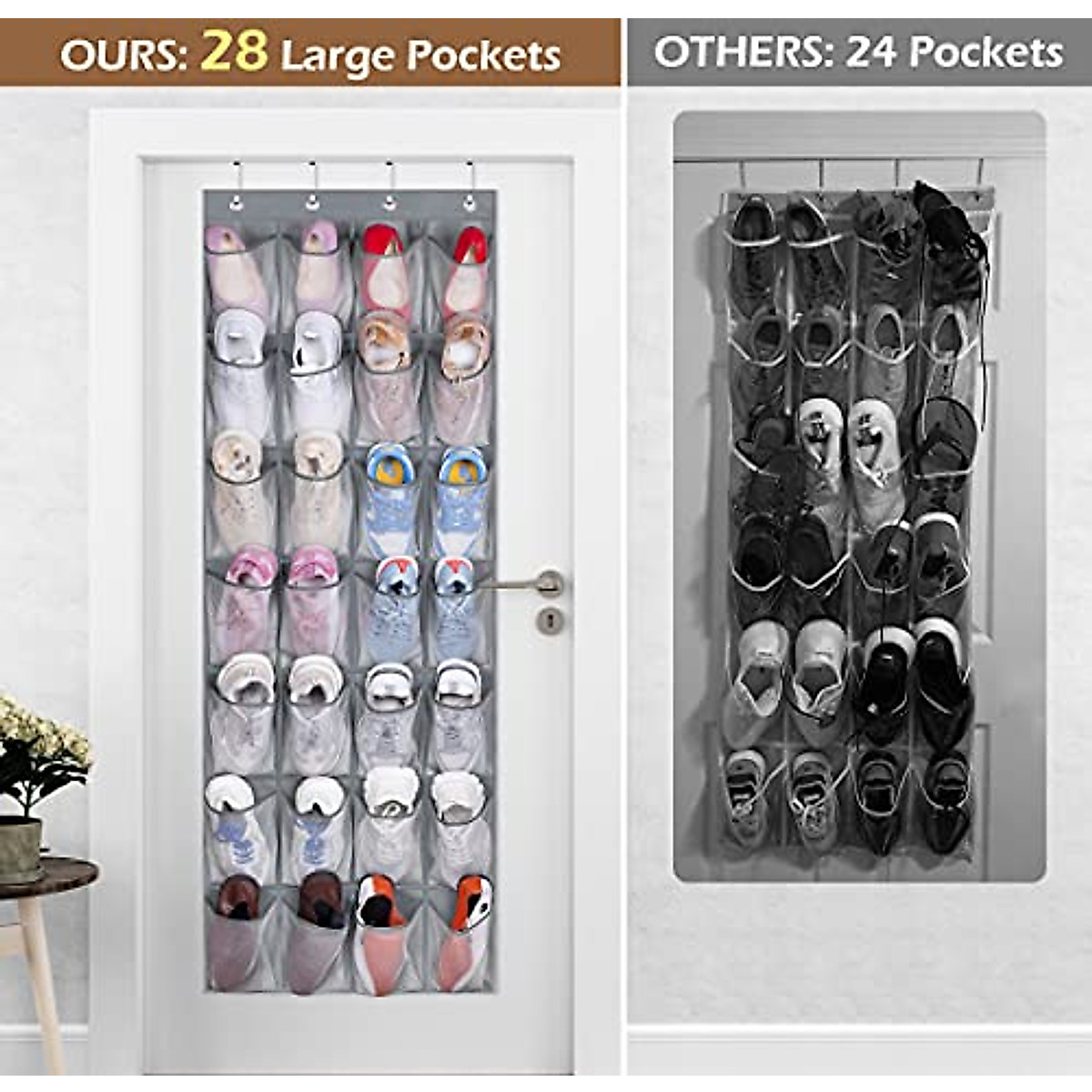 SLEEPING LAMB 28 Breathable Mesh Pockets Over The Door Shoe Rack Hanging Shoe Organizer for Closet Shoe Holder for Men Sneakers, Women Heels, with 4 Metal Hooks, Grey