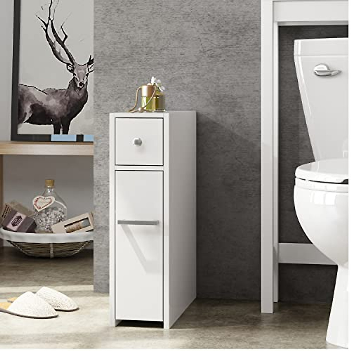 Spirich Home Slim Bathroom Storage Cabinet, Free Standing Toilet Paper Holder, Bathroom Cabinet Slide Out Drawer Storage, White