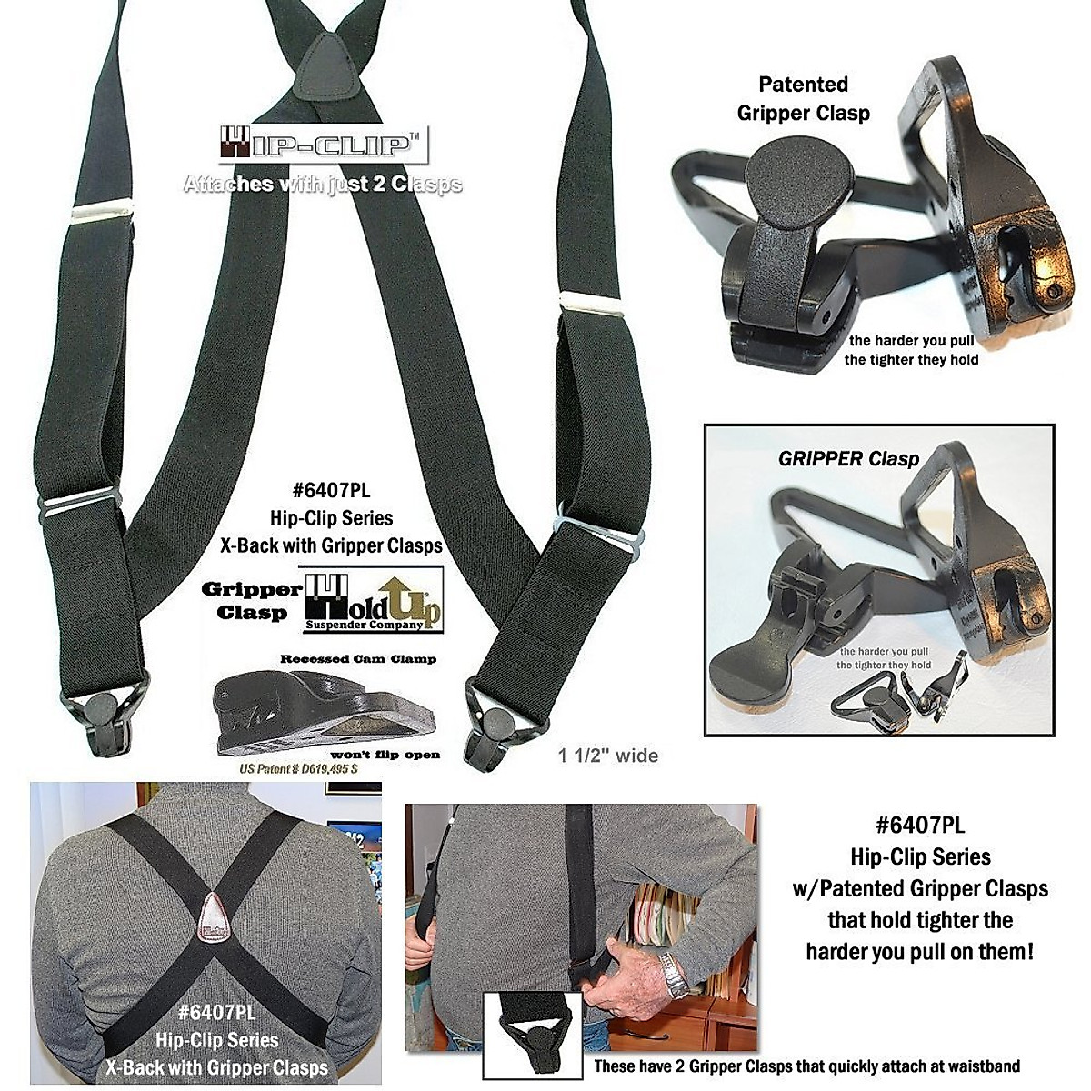 Hold-Up Hip-clip Style Suspenders for Men 1 1/2" Wide (Black/Plastic Clip)