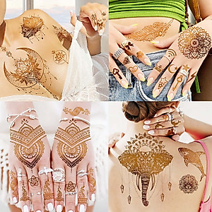 COKTAK 9 Sheets 88+ Designs Large Gold Metallic Temporary Tattoos For Women Boobs Girls Adults, 3D Flash Fake Golden Tattoo Stickers Eleplant, Tribal Bohemia Glitter Snake Tattoos Moon Lotus Body Art