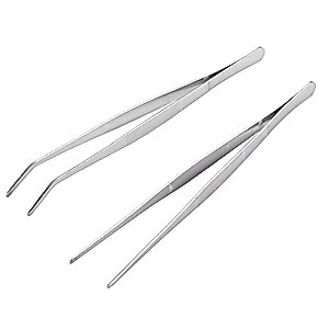 Miupoo Long Handle Stainless Steel Paint Straight and Curved Tweezers Nippers,Extra Long Precision Craft Tweezers Set with Serrated Tips,Silver,2 pieces,9.8Inches