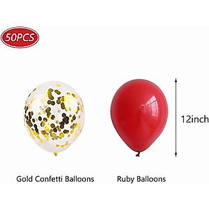 Siticoto 50pcs Ruby Red Gold Confetti Latex Balloons, 12 inch Clear Confetti Balloons and Red Round thick Ruby Double Latex Balloons for Love Bride Wedding Valentine Day Party