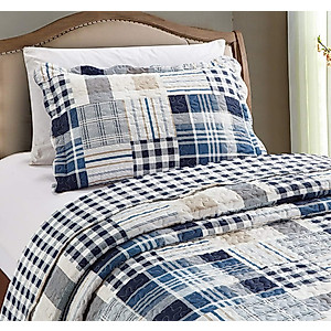 Brilliant Sunshine Plaids and Stripes Quilt Set, 2-Piece Bedding Sets with 1 Sham, Patchwork Design, Washable and Reversible Bedspread, Soft Lightweight Coverlet, All-Season, Twin/Twin XL, Blue