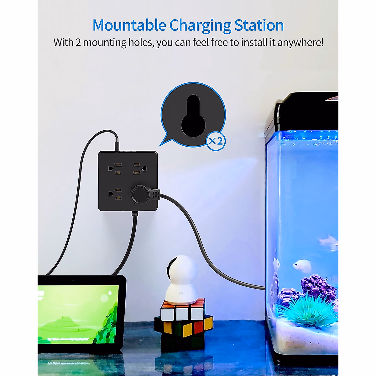 Power Strip, SUPERDANNY Surge Protector, Desktop Charging Station, 4 Outlets, 4 USB Ports, 900 Joules, 5 Ft Extension Cord, Grounded, 3-Prong, Wall Mount, for Home, Office, Hotel, Dorm