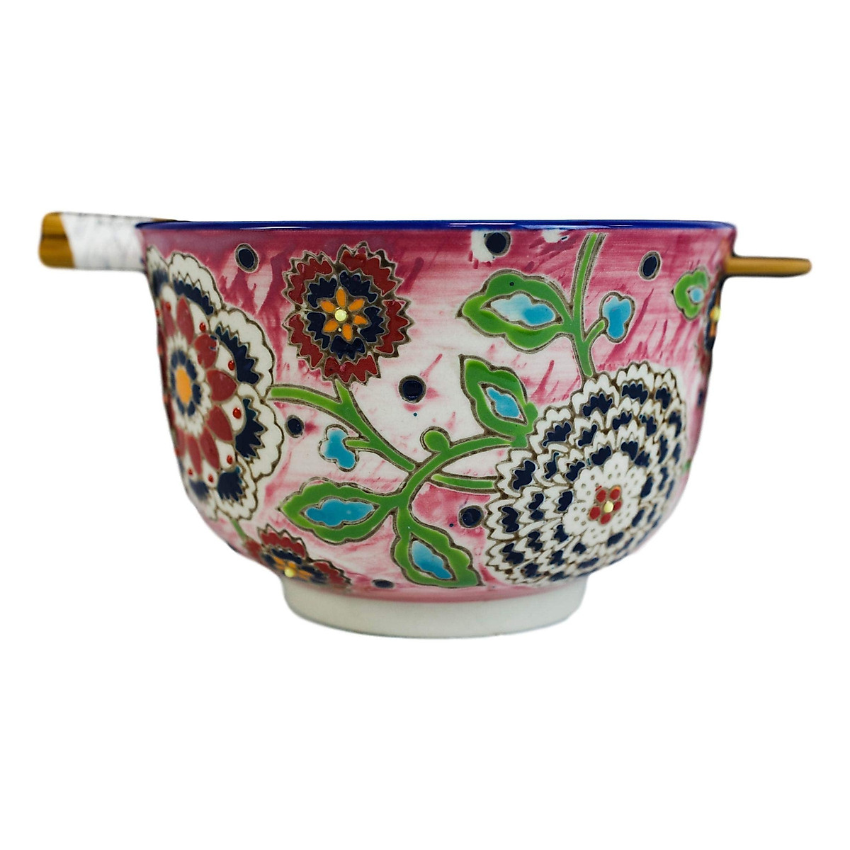 Ebros Mandala Floral Blooms With Pink Polkadot Art Splash Ramen Udon Noodles Large 6.25" Diameter Soup Bowl With Built In Rest and Bamboo Chopsticks Set for Rice Pasta Salad