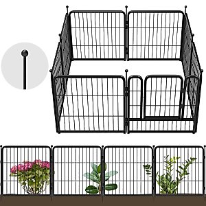 FXW Decorative Garden Metal Fence Temporary Animal Barrier for Yard, 8 Panels, 24inch, Black