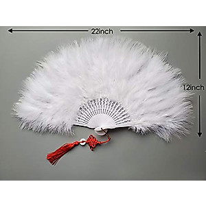 HAPPY FEATHER Handheld Marabou Feather Fan, 1920s Vintage Style Flapper Hand Fan for Costume Party and Dancing-White
