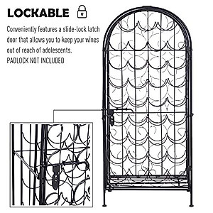 HOMCOM 35 Bottle Wrought Iron Wine Rack Jail with Lock - Black