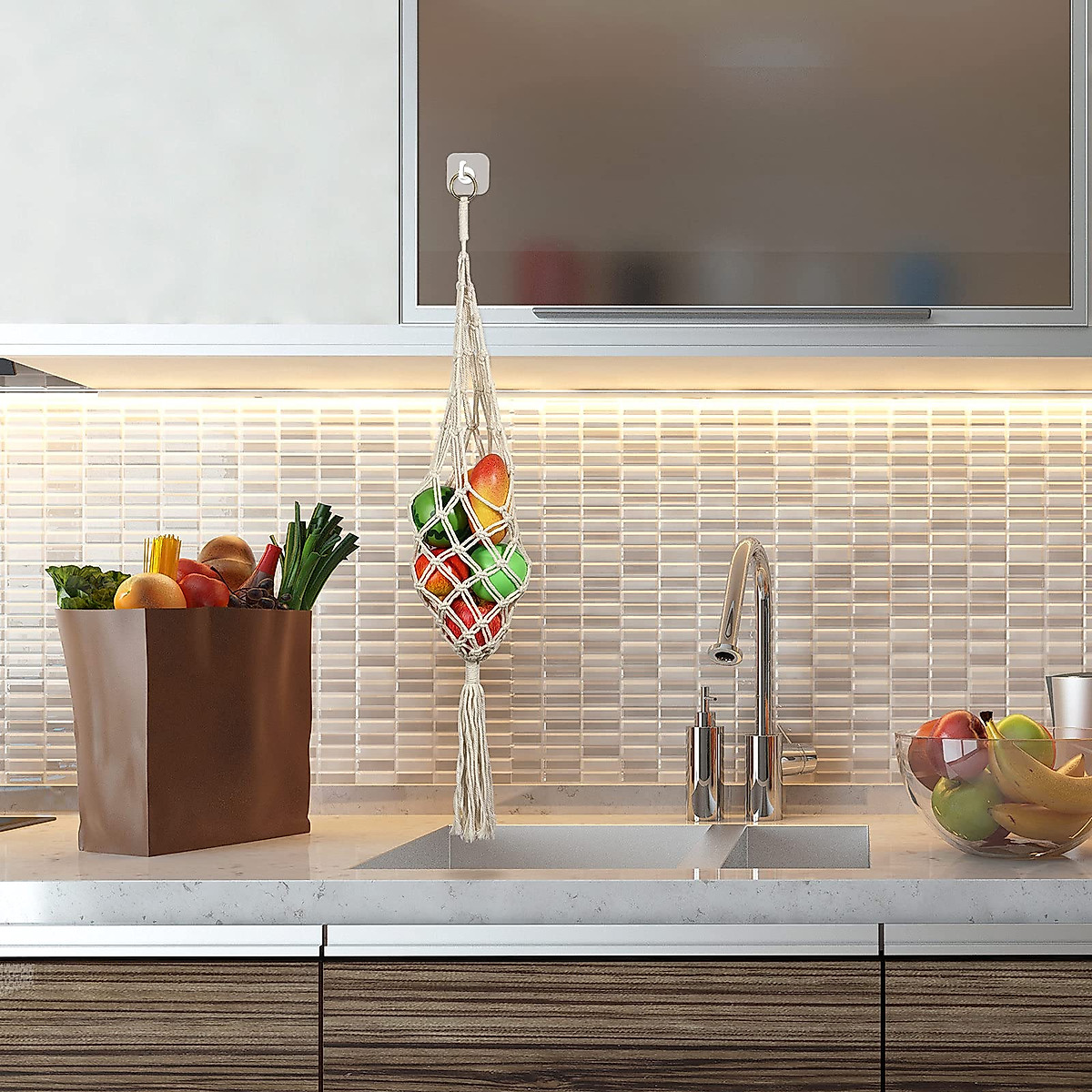 Geiserailie 2 Pieces Hanging Fruit Basket Macrame Hanging Basket Vegetable Breathable Storage decor for Potato Onion and Fruit Storage Boho Decor for Kitchen