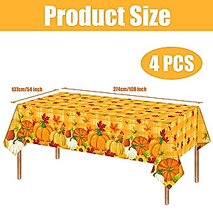 Set of 4 Fall Plastic Tablecloths Pumpkin Maple Leaf Table Covers Fall Plaid Disposable Tablecloths Autumn Checkered Waterproof Tablecloth for Thanksgiving Party Supplies Halloween, 54 x 108 Inch