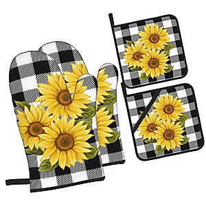Sunflower Black White Buffalo Plaid Oven Mitts and Pot Holders Sets of 4 High Heat Resistant Yellow Floral Lumberjack Check Oven Mitts with Oven Gloves and Hot Pads Non-Slip Potholders for Kitchen BBQ