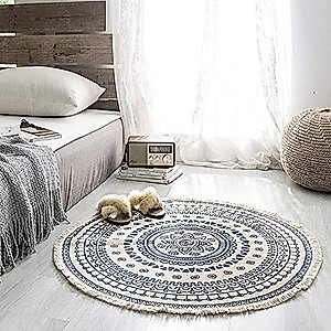 Poowe Round Cotton Rug Woven Tassel Throw Rug Washable Area Rug for Living Room Bedroom Kitchen Bathroom (Vintage)
