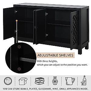 Wood Storage Cabinet, Large Storage Space Sideboard, 4 Door Buffet Cabinet with Pull Ring Handles for Living Room, Dining Room, Easy Assembly (Black)