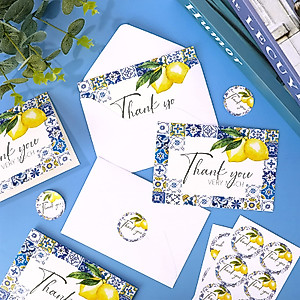 AnyDesign Lemon Thank You Cards Bulk 24 Pack Thank You Note Cards with Matching Seal Stickers Envelopes Blue Tiles Lemon Greeting Cards for Baby Shower Wedding Birthday Bridal Party and All Occasion