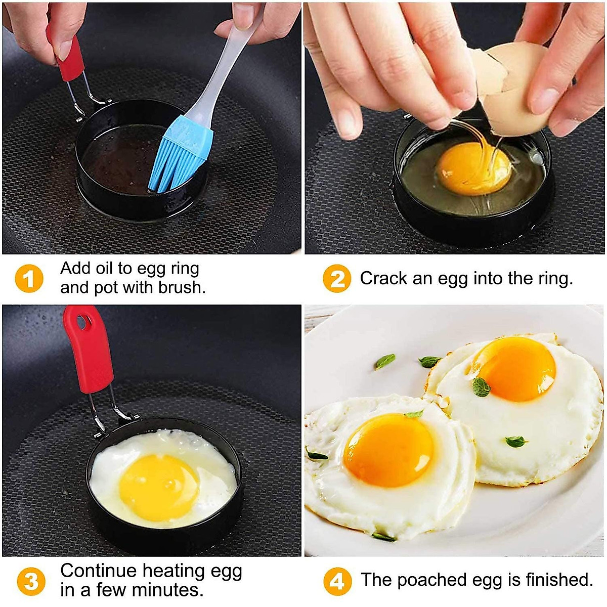Egg Rings Set of 4, Non-stick Stainless Steel Egg Ring, Cooking Rings with Anti-scalding Handle for Camping and Breakfast (Oil Brush Included)