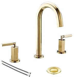 Phiestina Widespread Brushed Gold 8 Inch 2 Handles 3 Holes Hexagonal Widespread Bathroom Faucet, Bathroom Sink Faucet with Stainless Steel Metal Pop Up Drain,NS-WF001-6-BG